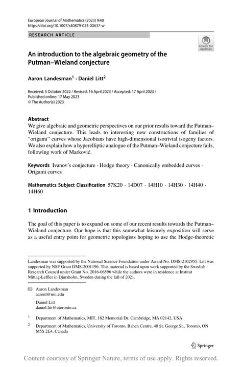 Pdf An Introduction To The Algebraic Geometry Of The Putmanwieland Conjecture