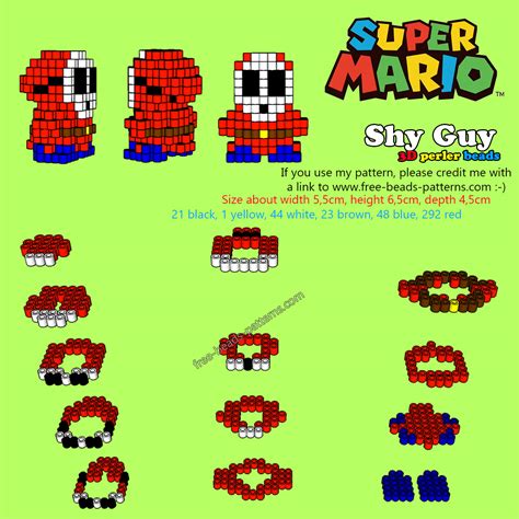 3d Perler Beads Pattern Shy Guy From Super Mario Free Perler Beads Patterns Fuse Beads Hama Beads
