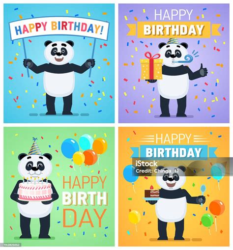 다른 생일 포스터의 집합입니다 생일 인사말 카드 현수막 기프트 박스 선물 케이크 파이 배너를 들고 있는 명랑 팬더 곰에 대한