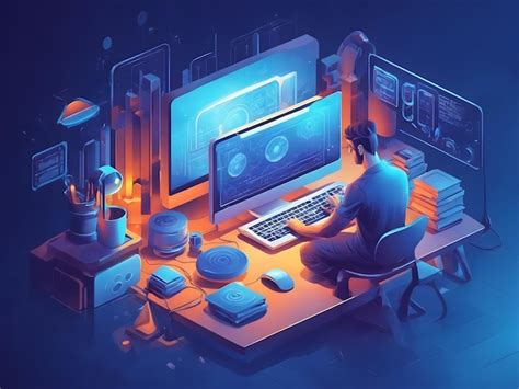 Premium Ai Image Webdesign Vector Illustration Working On Computer Isometric Concept Blue