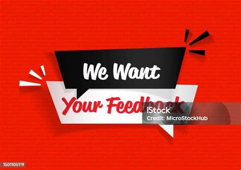 우리는 당신의 의견을 빨간 벽돌 배경에 흑백 말풍선으로 작성하기를 원합니다 피드백에 대한 스톡 벡터 아트 및 기타 이미지