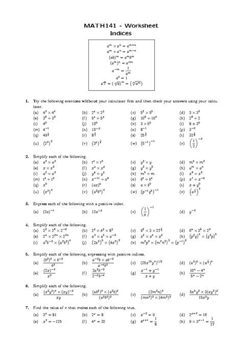 Indices Math Questions Math141 Worksheet Indices Am × An Am N