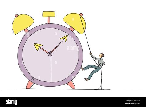 Single Continuous Line Drawing Businessman Climbing Alarm Clock With