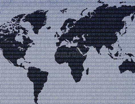 digital world map with binary code blue background stock illustration
