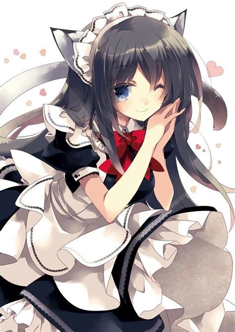 Anime Girl Cat Girl Cat Ears Neko Maid Maid Costume Blue Eyes Black Hair