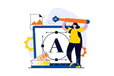 평면 만화 디자인의 사람들 장면이 포함된 Ui Ux 디자인 개념 여성 일러스트레이터는 그래픽 요소를 생성하고 버튼을 배치하고