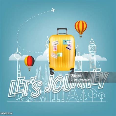 컬러 플라스틱 여행 가방 다른 여행 요소 벡터 일러스트 레이 션 여행 컨셉 0명에 대한 스톡 벡터 아트 및 기타 이미지 0명