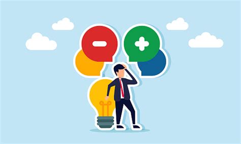 전구를 낀 사업가가 플러스와 마이너스 채팅 아이콘을 혼동하여 위험 계산의 불확실성을 보여주고 올바른 비즈니스 아이디어를 선택하는 모습 개념에 대한 스톡 벡터 아트 및 기타