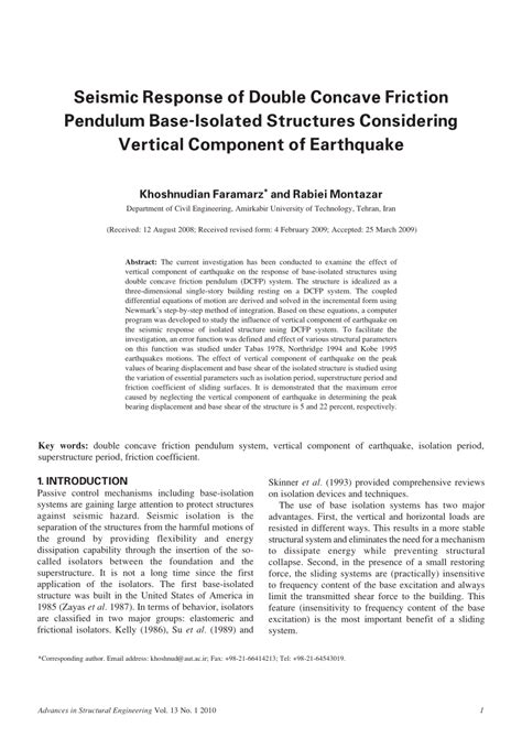 Pdf Seismic Response Of Double Concave Friction Pendulum Base Isolated Structures Considering