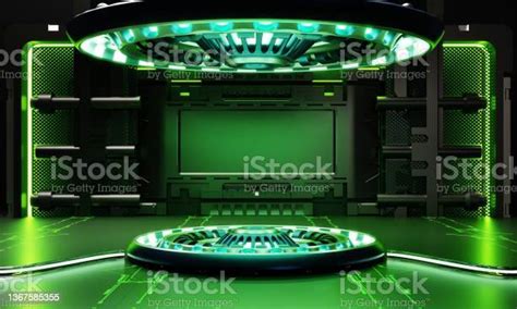 녹색 빛 배경우주선의 공상 과학 제품 포디엄 쇼케이스 공간 기술 및 개체 개념 3d 일러스트 렌더링 야구 플레이트에 대한 스톡 사진 및 기타 이미지 Istock
