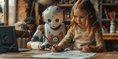 Niño Caprichoso Enseñando A Un Robot Cómo Dibujar Concepto Amistad Imaginaria Aprendizaje