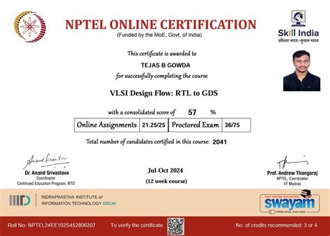 Tejas Gowda On Linkedin Vlsi Rtltogds Nptel Achievement