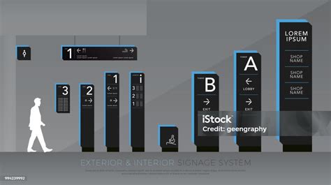 외부와 실내 간판입니다 방향 극 그리고 교통 간판 시스템 디자인 서식 파일을 설정합니다 로고 텍스트 블루와 블랙 색상 기업의 정체성에 대 한 공간을 빈 표지판에 대한 스톡