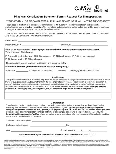 Fillable Online Physician Certification Statement Formrequest For Transportation 23 453capcs