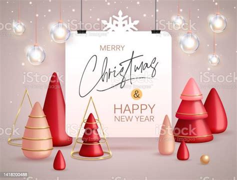 현실적인 3d 플라스틱 크리스마스 트리와 크리스마스 휴가 배경 메리 크리스마스와 새해 복 많이 받으세요 인사말 카드 벡터 일러스트 레이 션 3차원 형태에 대한 스톡 벡터