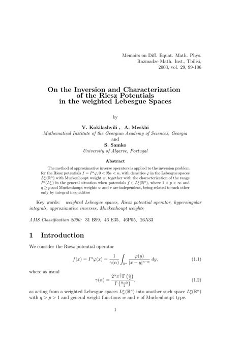 Pdf On The Inversion And Characterization Of The Riesz Potentials In The Weighted Lebesgue Spaces