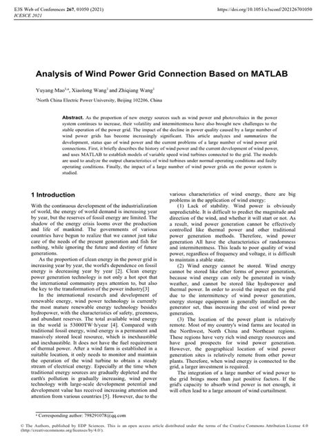 Analysis Of Wind Power Grid Connection Based O Pdf Wind Power Electric Motor