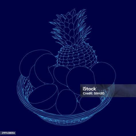 파인애플과 과일 한 다발의 푸른 그림 파인애플은 이미지의 주요 초점이며 파인애플을 둘러싼 과일은 모두 다른 모양과 크기입니다 0명에 대한 스톡 벡터 아트 및 기타 이미지