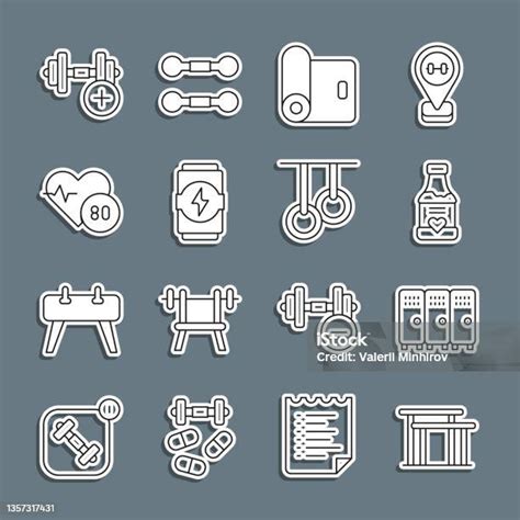 세트 라인 고르지 않은 바 사물함 또는 탈의실 비타민 피트니스 매트 롤 에너지 음료 심박수 아령 및 체조 링 아이콘 벡터 가정의 방에 대한 스톡 벡터 아트 및 기타 이미지