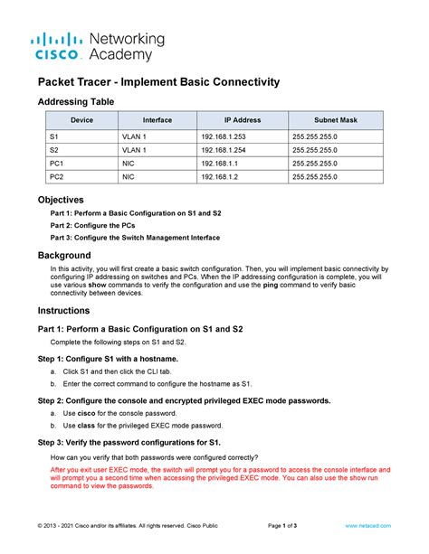 Packet Tracer Implement Basic Connectivity Packet Tracer Implement Basic