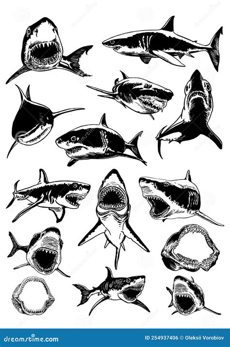 Graphical Big Collection Of Sharks Isolated On White Marine Life