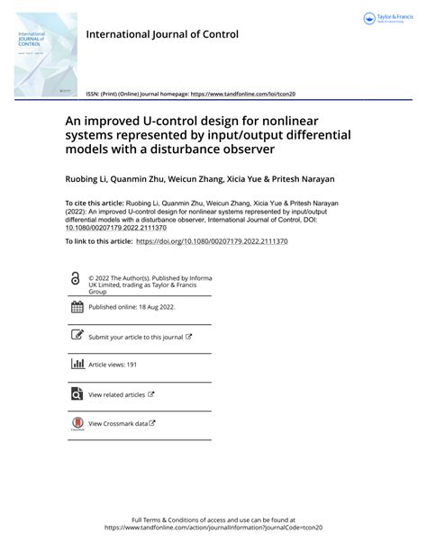 Pdf An Improved U Control Design For Nonlinear Systems Represented By Inputoutput