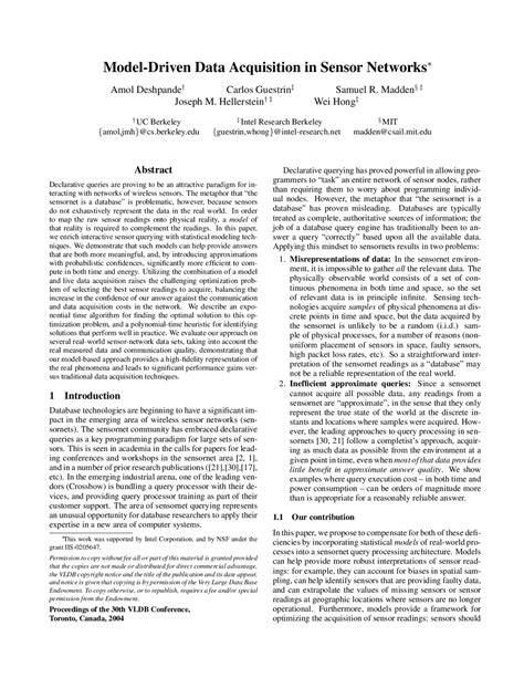 model driven data acquisition in sensor networks paper cmsc 724 docsity