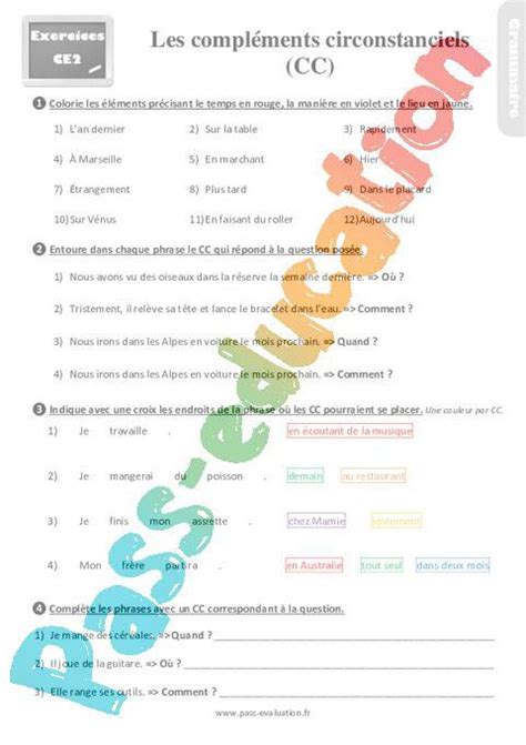 Les compléments circonstanciels Evaluation et Bilan avec le corrigé pour le CE PDF à