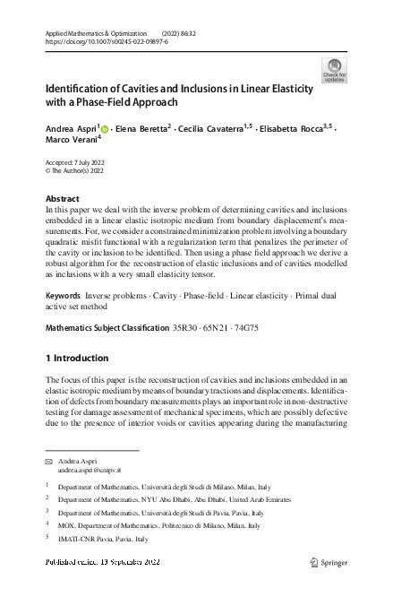 Pdf Identification Of Cavities And Inclusions In Linear Elasticity With A Phase Field Approach