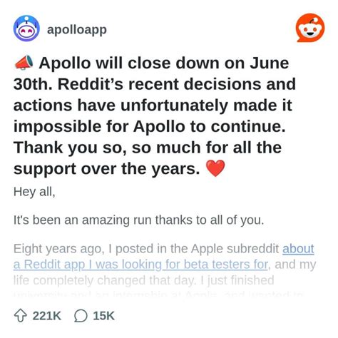 Steve Tanner On Linkedin R Apolloapp On Reddit 📣 Apollo Will Close Down On June 30th Reddits…