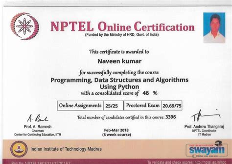 Successful Completion Of Programming Data Structures And Algorithms Using Naveenkumar K