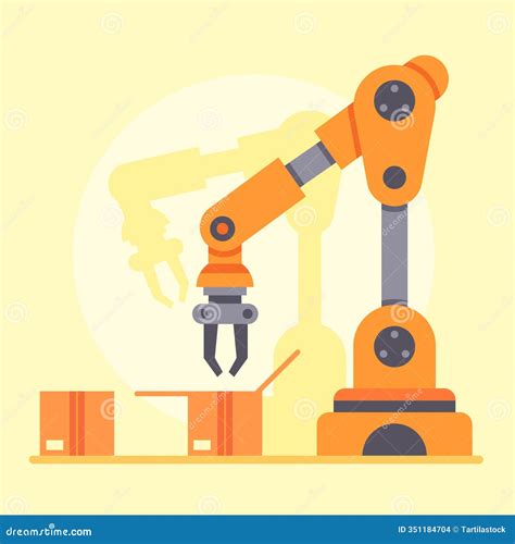Orange Robotic Arm Packing Products Into Cardboard Boxes On An Assembly Line Representing