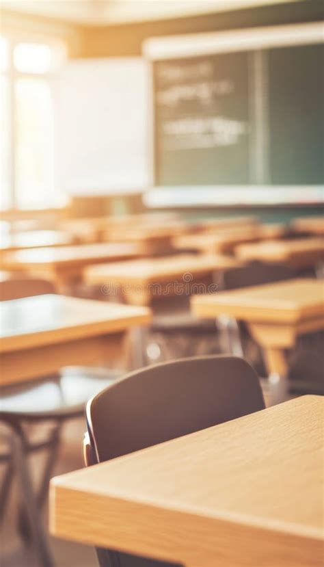 Sunlit Empty Classroom Rows Of Wooden Desks And Chairs Chalkboard Back To Babe Concept