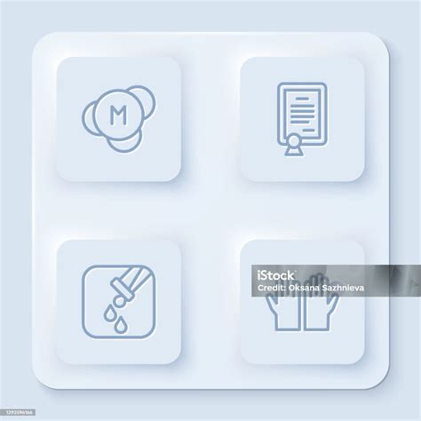 세트 라인 분자 인증서 템플릿 테스트 튜브 및 플라스크 및 의료 고무 장갑 흰색 정사각형 버튼 벡터 건강 검진 결과에 대한 스톡 벡터 아트 및 기타 이미지 Istock