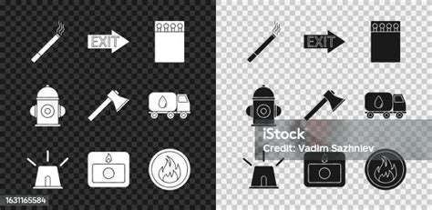 담배 비상구 성냥갑 및 성냥 열기 점멸 사이렌 경보 시스템 화염 소화전 및 소방관 도끼 아이콘을 설정합니다 벡터 가연성에 대한 스톡 벡터 아트 및 기타 이미지 Istock