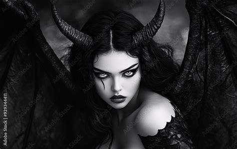 Intense Black And White Portrait Of A Female Demon With Horns And Wings