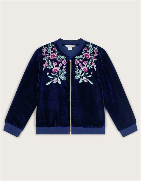 Embroidered Velvet Bomber Jacket Blue