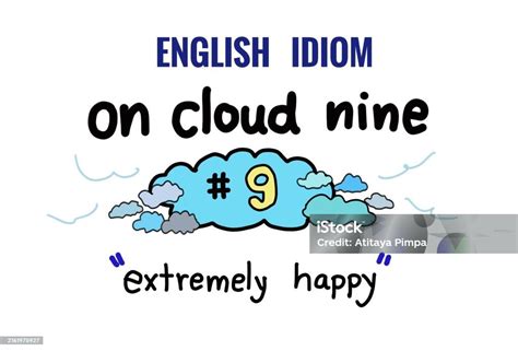 영어 관용구에 대한 구름의 손으로 그린 그림 매우 행복한 의미와 구름 9에 있습니다 교육용 일러스트레이션 개념 영어 숙어 교육 수업 교육 자료 교구 개념에 대한 스톡 벡터