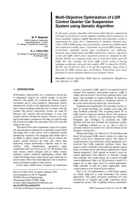 Pdf Multi Objective Optimization Of Lqr Control Quarter Car