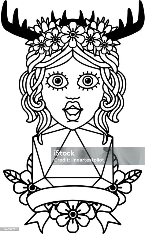 흑백 문신 라인 워크 스타일 인간 드루이드 자연 20 주사위 롤 검은색에 대한 스톡 벡터 아트 및 기타 이미지 검은색