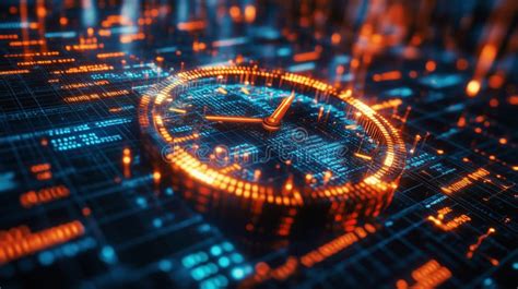 Digital Clock Display Showcasing Vibrant Data Visualization With Glowing Circuit Patterns Stock