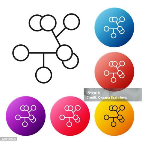 흰색 배경에 격리된 검은색 선 분자 아이콘입니다 화학 분자의 구조 과학 교사 혁신적인 교육 포스터 아이콘 다채로운 원 버튼을 설정합니다 벡터 일러스트레이션 0명에 대한 스톡