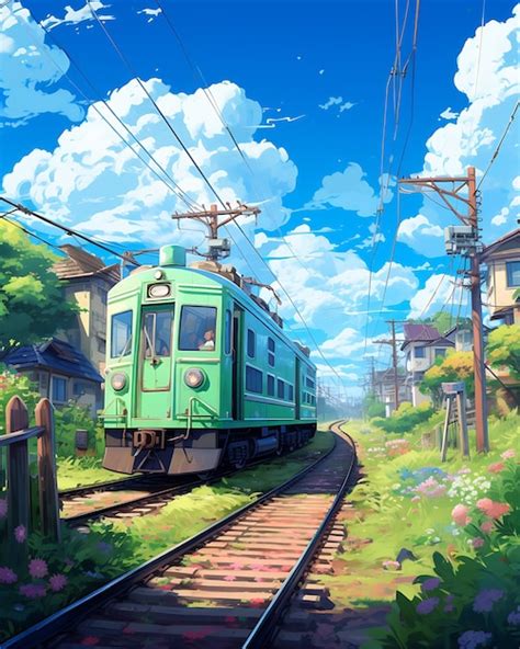 Anime Train On Green Countryside Tracks Premium Ai Generated Image