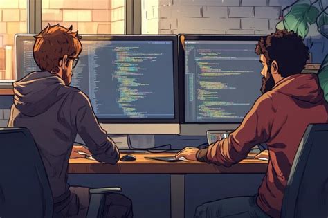 Happy Cartoon Tech Developers Coding And Testing Software Together Premium Ai Generated Image