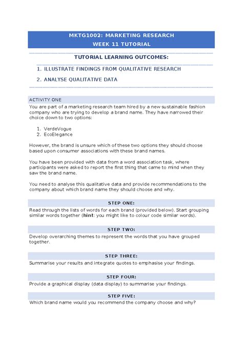 week 11 tutorial mktg1002 marketing research week 11 tutorial