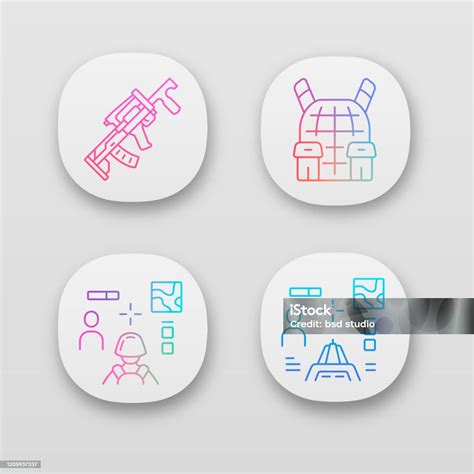 온라인 게임 인벤토리 앱 아이콘 세트입니다 1 인칭 및 3d 관점에서 범인 컴퓨터 게임 장비 무기 갑옷 Ui Ux 사용자