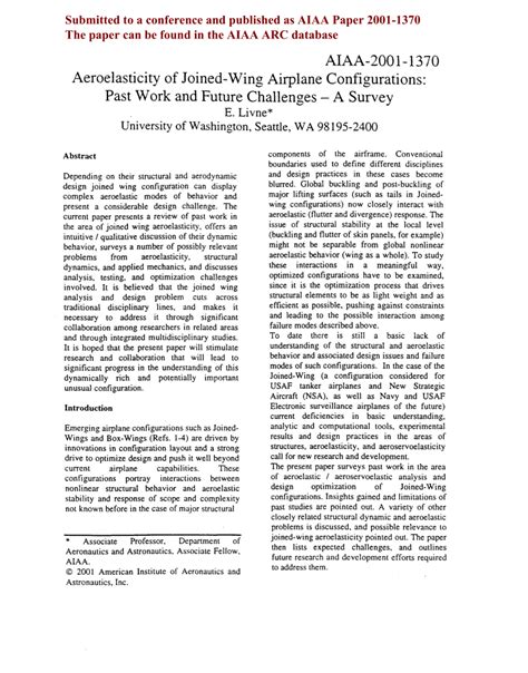 Pdf Aeroelasticity Of Joined Wing Airplane Configurations Past Work And Future Challenges