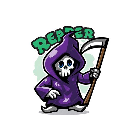 배지 엠블럼과 티셔츠 인쇄를 위한 현대적인 일러스트레이션 컨셉 스타일이 있는 사신 마스코트 로고 디자인 벡터 귀여운 사신 그림 프리미엄 벡터