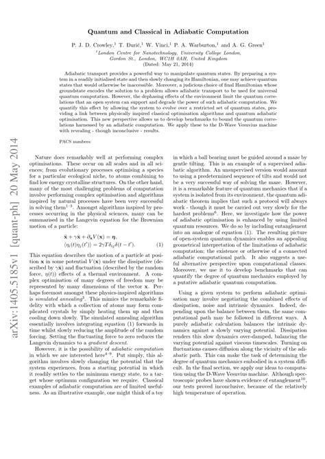Pdf Quantum And Classical In Adiabatic Computation
