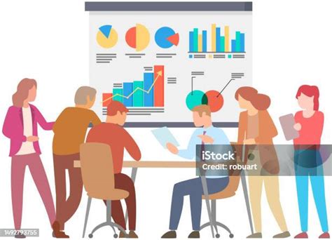 관리자가 통계 보고서를 발표합니다 분석 및 계획 사업 개념 개념에 대한 스톡 벡터 아트 및 기타 이미지 개념 개발 개선